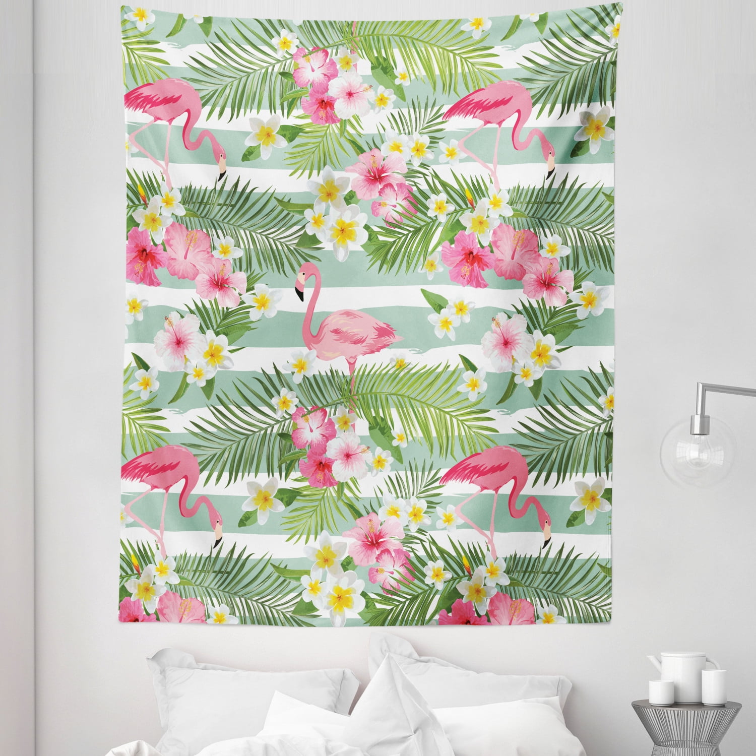 Flamingo Tapestry, Flamingos with Exotic Hawaiian Leaves Flowers on ...