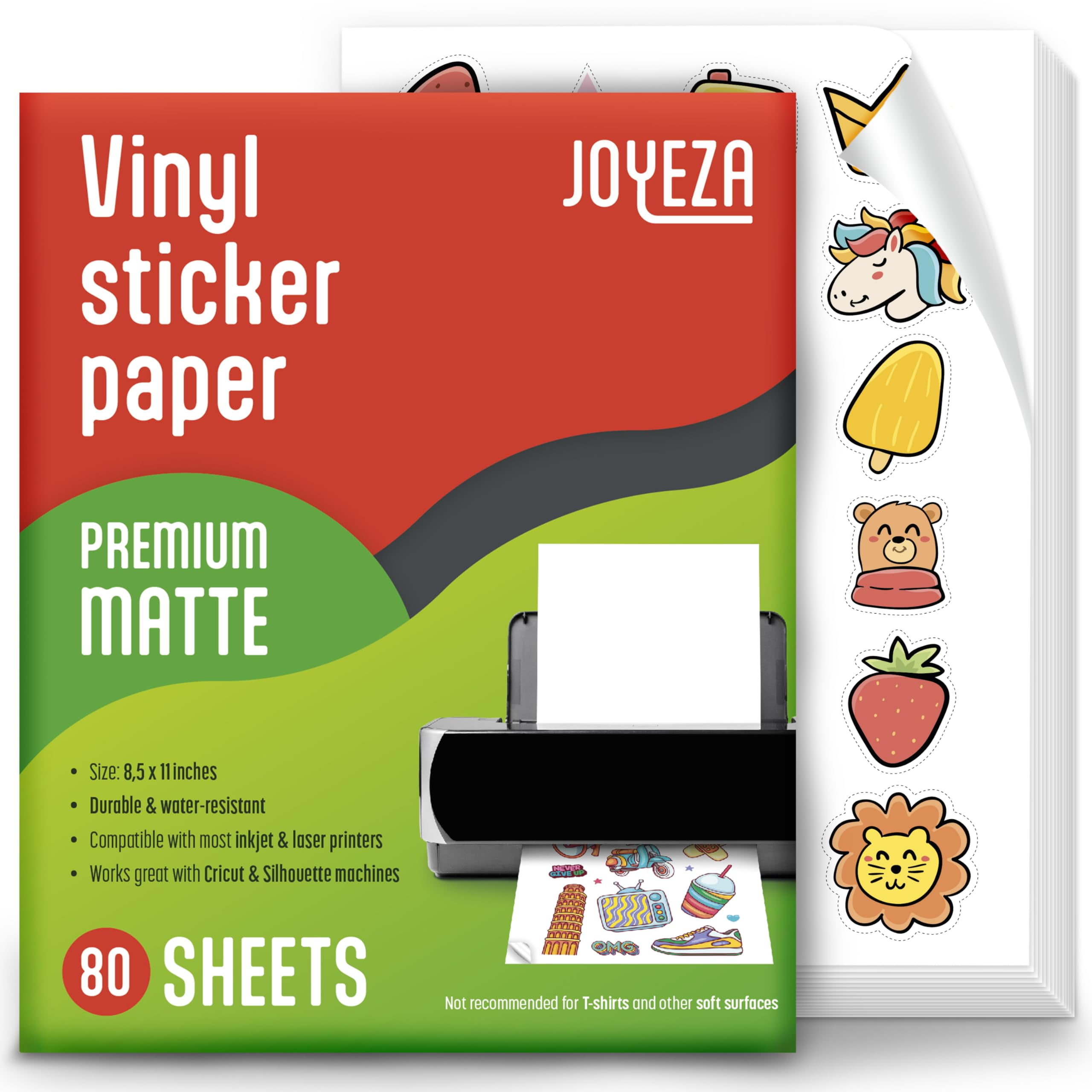 JOYEZA Premium Printable Vinyl Sticker Paper for Inkjet Printer - 80 ...