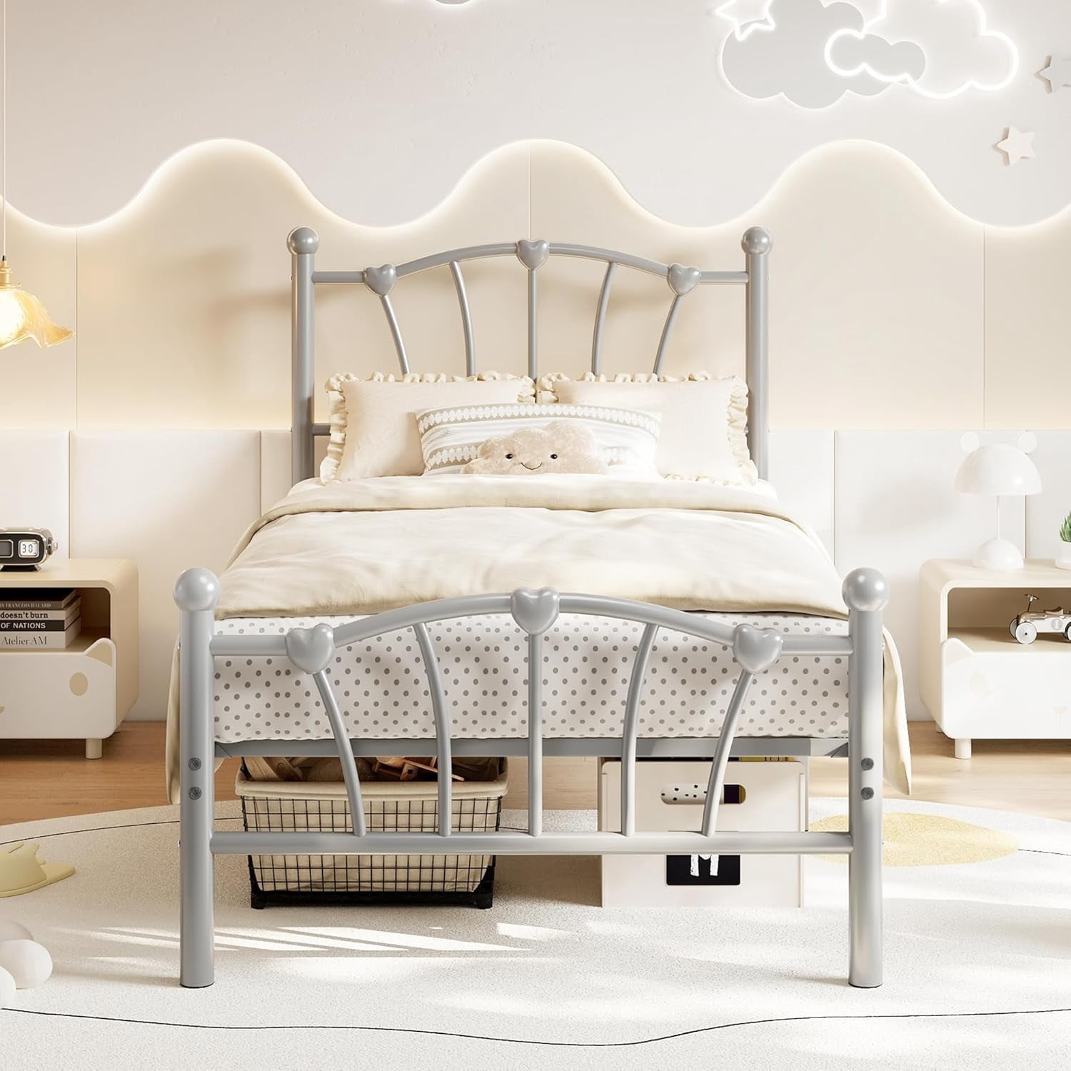 Cadre de Lit Cœur 39,9 Po Simple en Métal Rose Blanc, Plateforme avec ...
