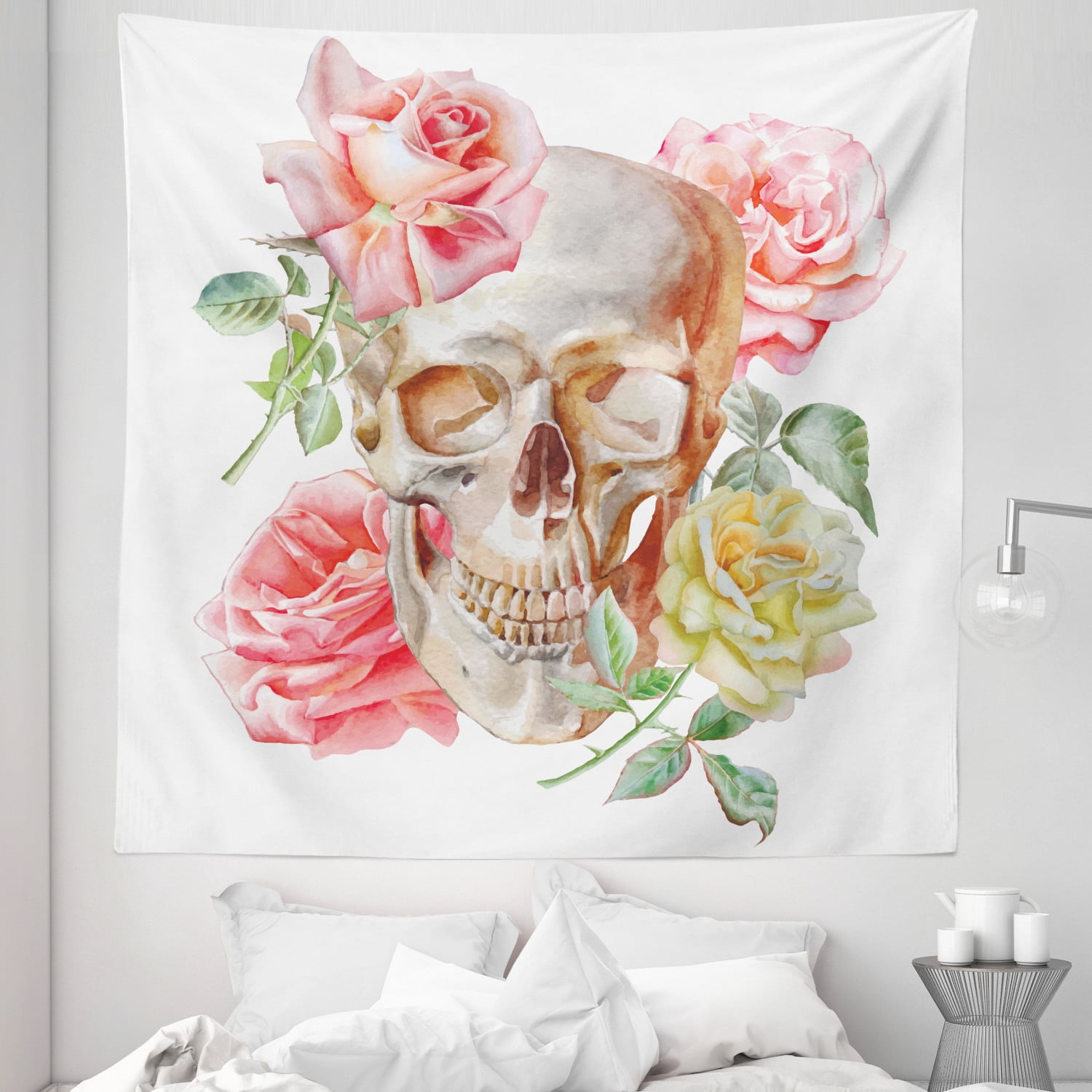 Skull Tapestry, Roses Living and the Dead Humor Romantic Evil Face ...