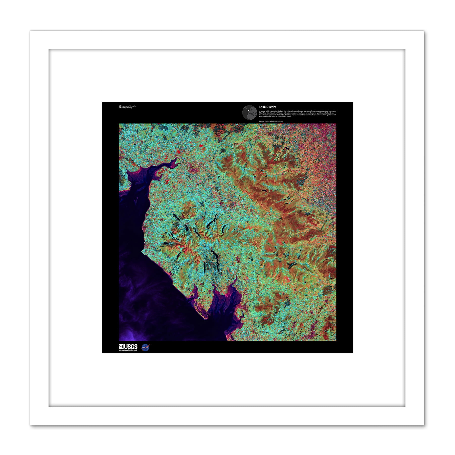 Science Map Satellite Lake District Cumbria UK Reproduction 8X8 Inch ...