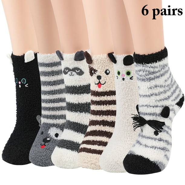 Peaoy 6 Pairs Fuzzy Socks for Women Girls Cute Animal Crew Socks Winter ...