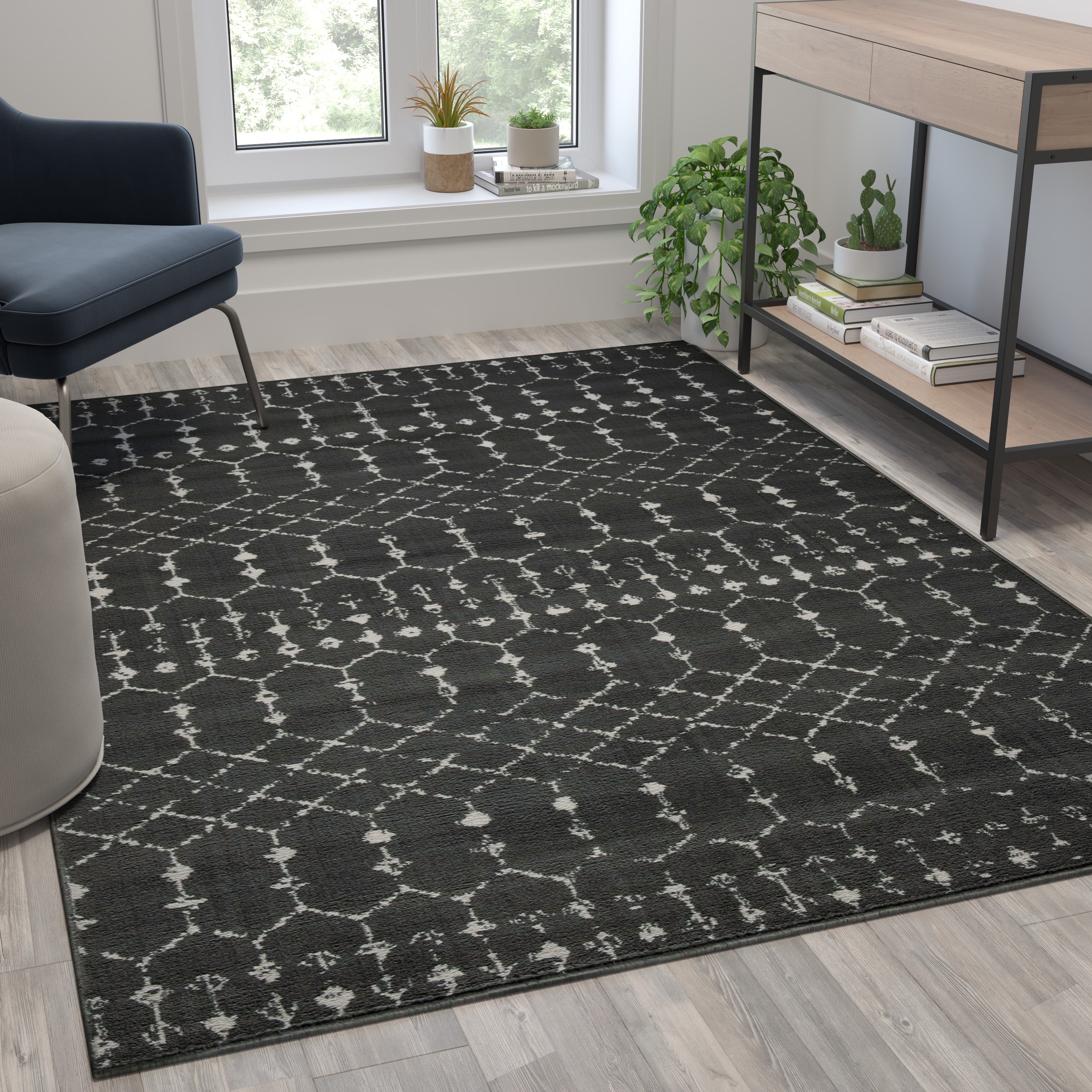 BizChair Geometric Bohemian Low Pile Rug - 5' x 7' - Dark Gray/Ivory ...