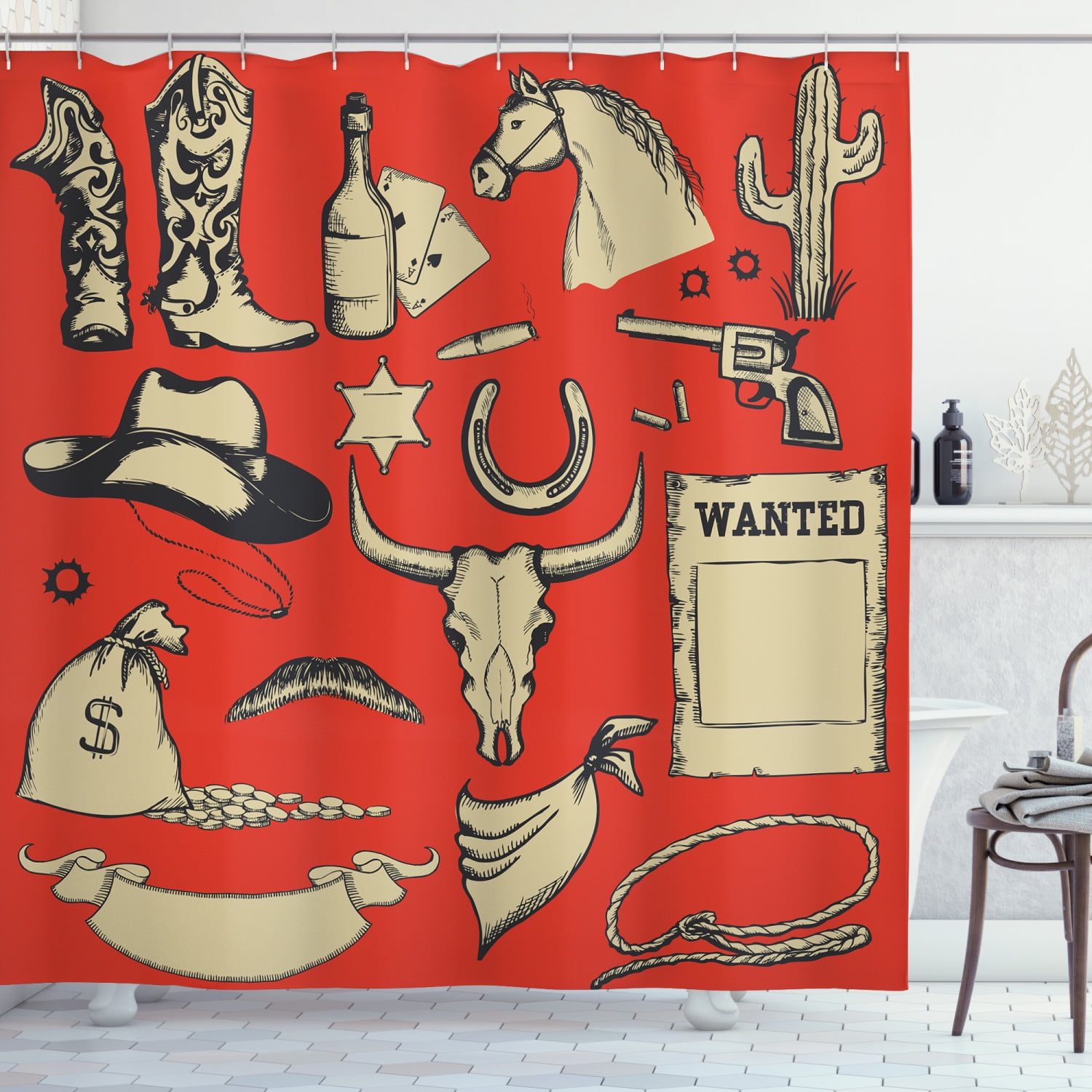 Rodeo Shower Curtain, Wanted Sign with Old West Objects Robbery ...