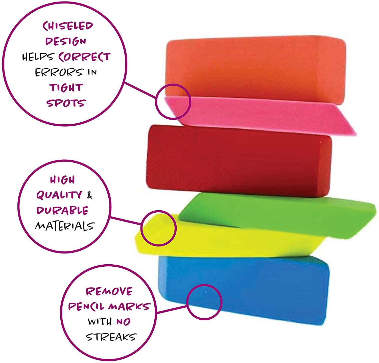 Buy Neliblu Bright Neon Rectangular Chiseled Pencil Erasers for Home ...