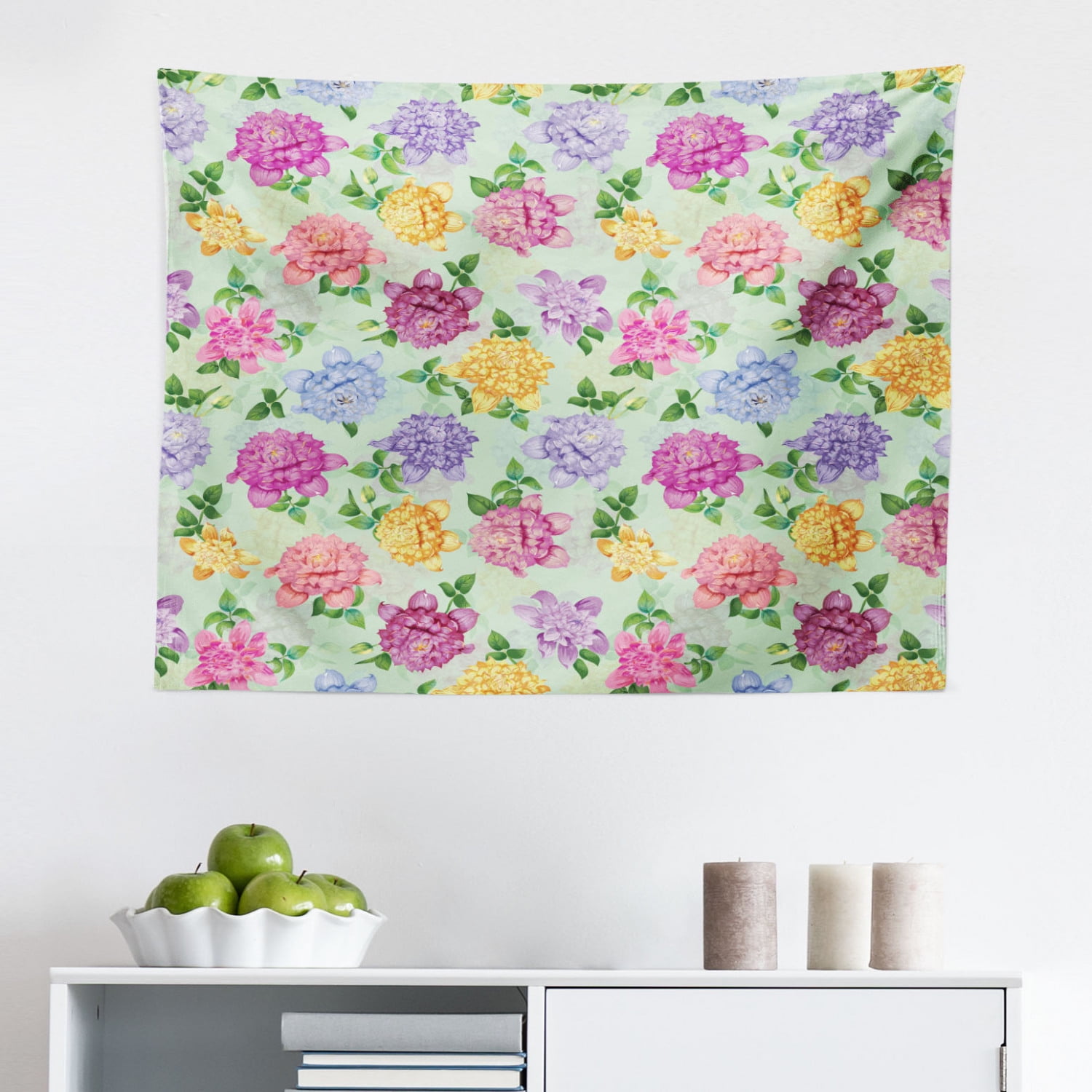 Dahlia Flower Tapestry, Dotted Digital Paint of Dahlia Botanical Curved ...