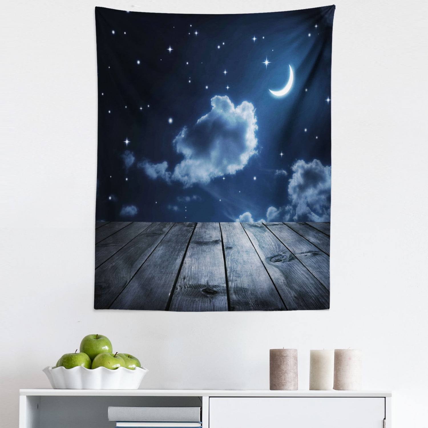 Dark Blue Tapestry, Vivid Night Sky with Stars Clouds and Crescent Moon ...
