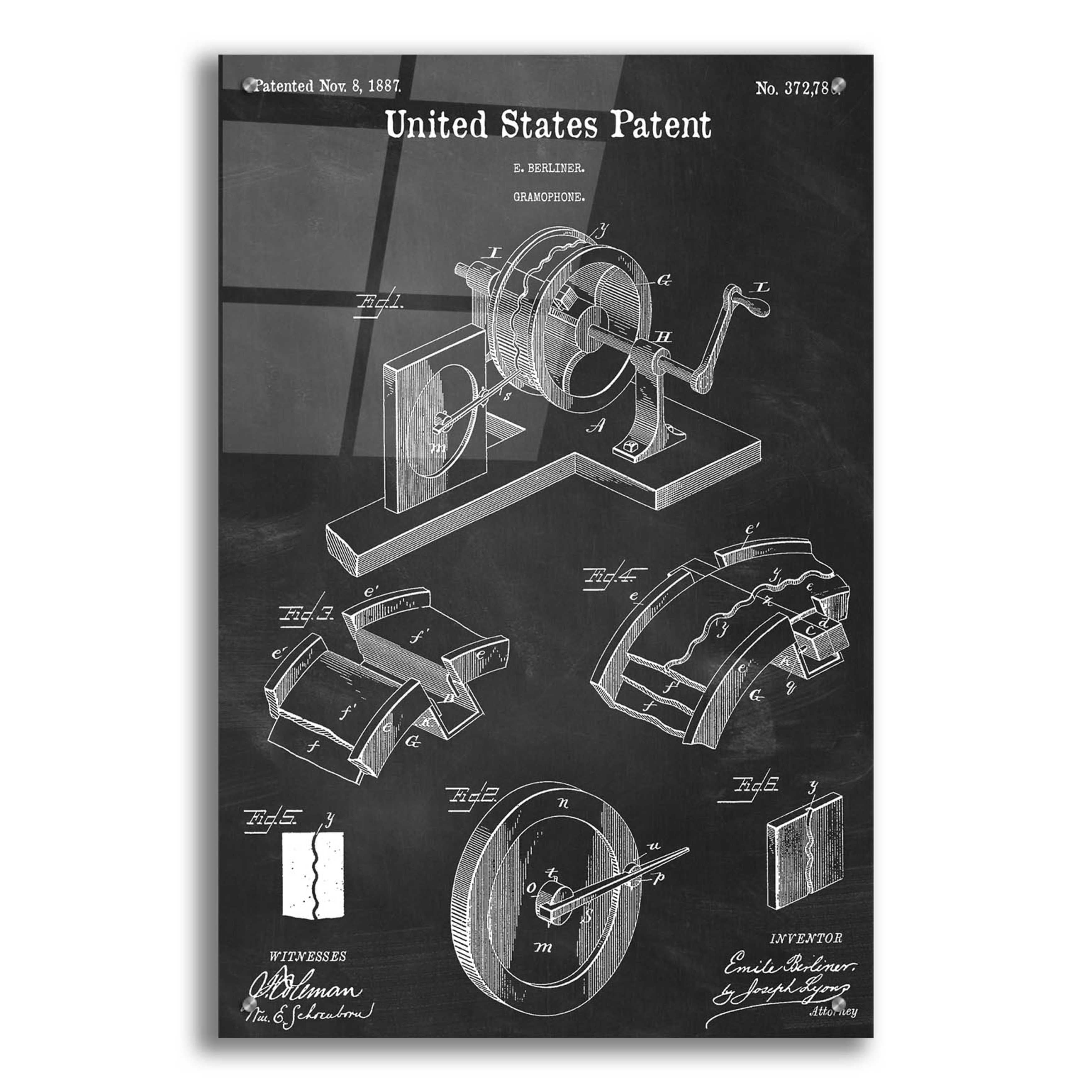 Epic Art 'Gramophone, 1887 Blueprint Patent Chalkboard,' Acrylic Glass ...