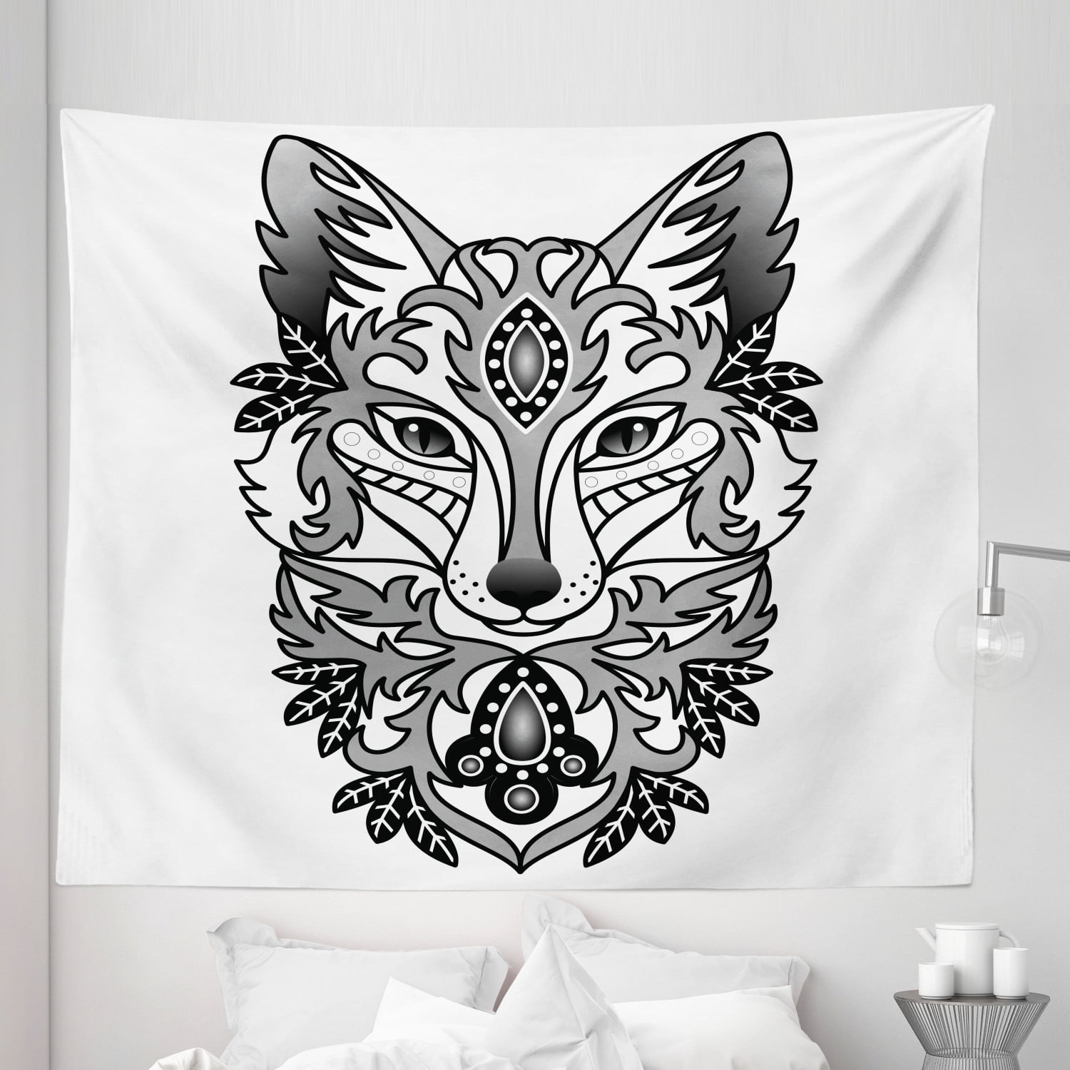 Fox Tapestry, Ornamental Fox Face with Tree Leaves Oval Shapes Dots ...