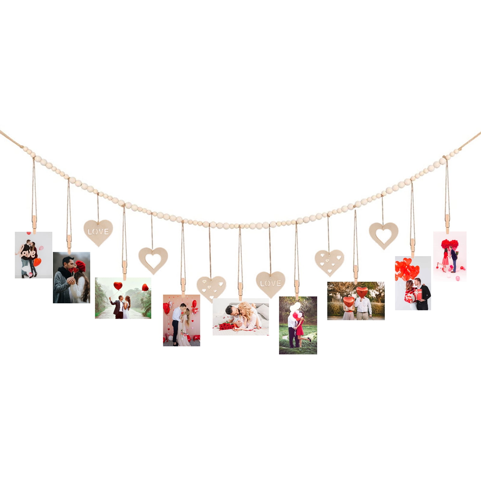 Hanging Photo Display with Clips, Wooden Bead Garland, Boho Style ...