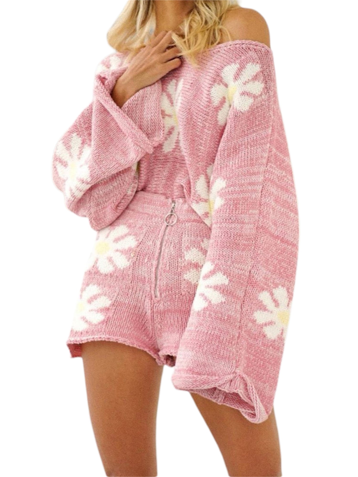 JBEELATE Women Knitted Sweater Shorts 2Pcs Set Y2K Daisy Flower ...