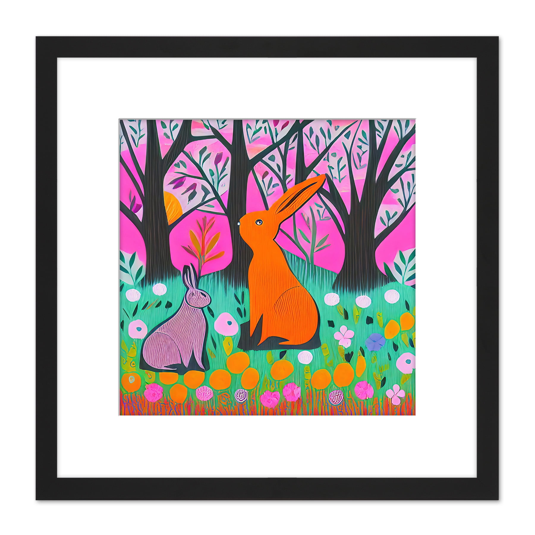 Bunny Rabbits In A Forest Meadow Flowers Pastel Pink Teal Illustration ...