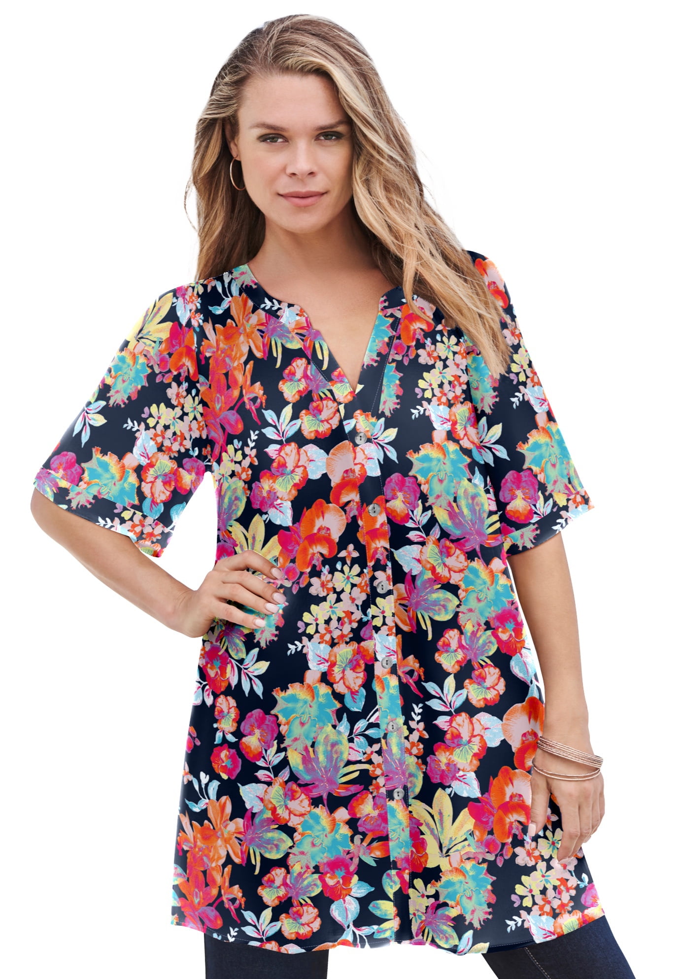 Roamans Womens Plus Size Short Sleeve Angelina Tunic Long Button