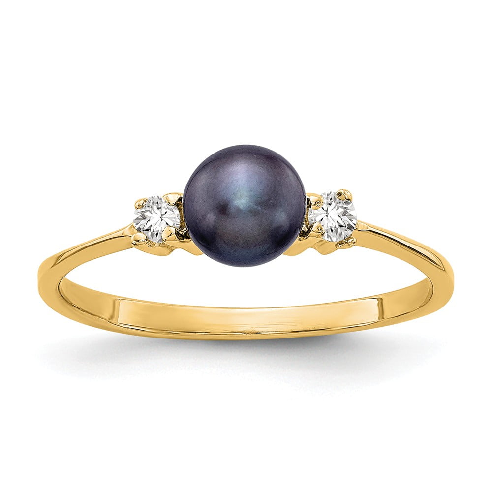 Solid 14k Yellow Gold 5mm Black Freshwater Cultured Pearl Diamond Ring
