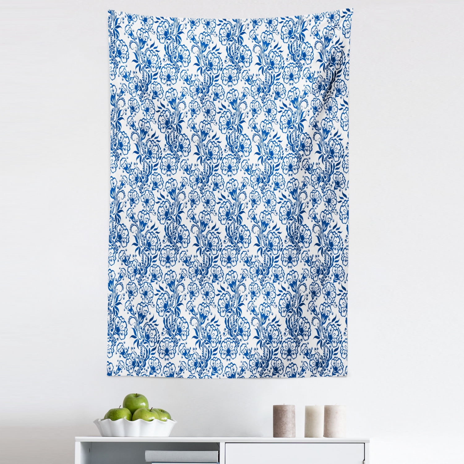 Blue Tapestry, Delicate Spring Season Themed Floral Pattern in Traditional Russian Gzhel Style ...