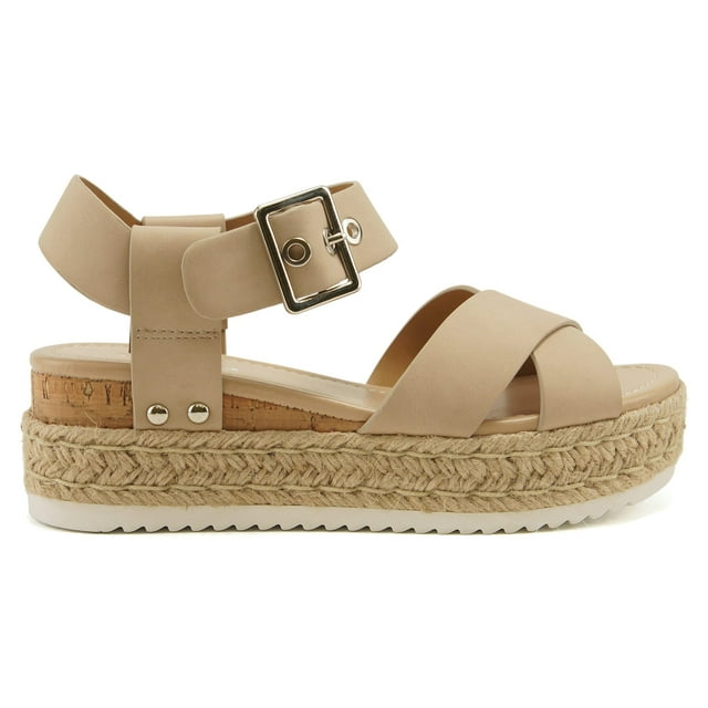 SODA WOMEN WEDGE SANDALS OPEN TOE ANKLE STRAP FLATFORM ESPADRILLES TRIM ...