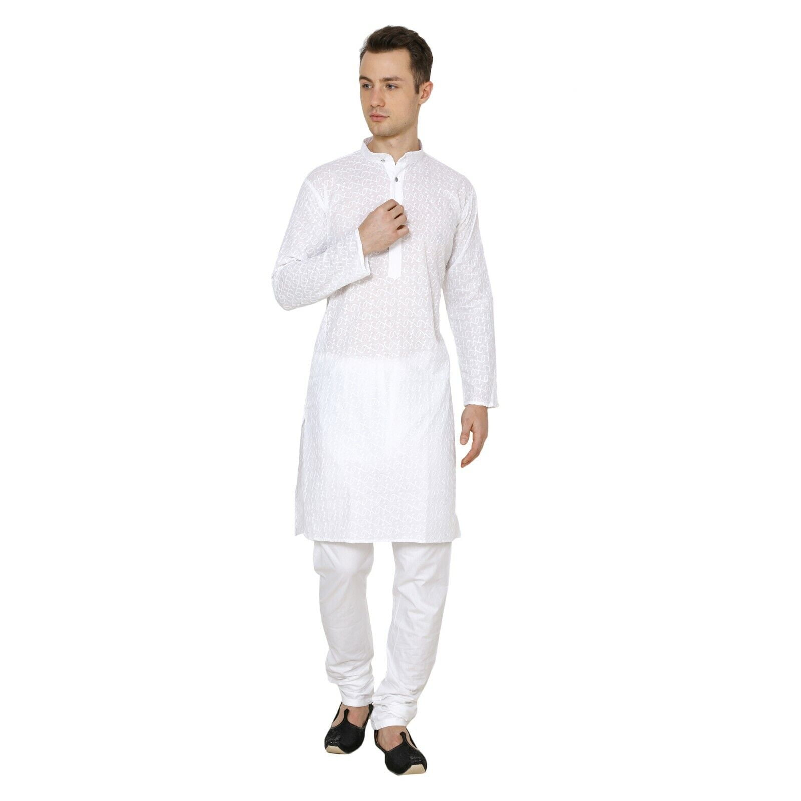 Mens Cotton Chikan Lucknowi Indian Kurta Pyjama Bollywood Style Ethnic ...