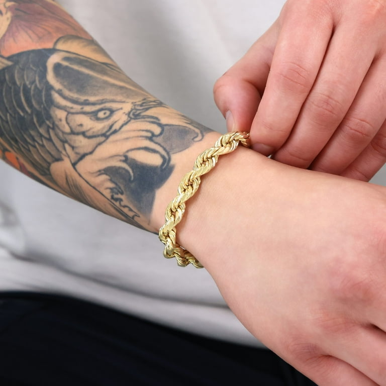 Nuragold 10k Yellow Gold 9mm Rope Chain Diamond Cut Bracelet 8 9 Italian Jewelry for Men