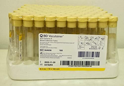 "Box of 100" Tube, Yellow Top, 8.5 ML, Glass, ACD Solution A,BD 364606 ...