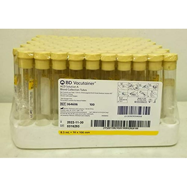 "Box of 100" Tube, Yellow Top, 8.5 ML, Glass, ACD Solution A,BD 364606 ...
