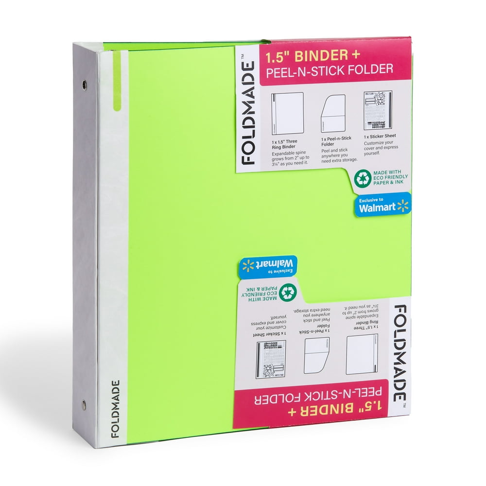 Foldmade Paperboard 3-Ring Binder + Folder, 1.5" Neon Green, 275 Sheets ...