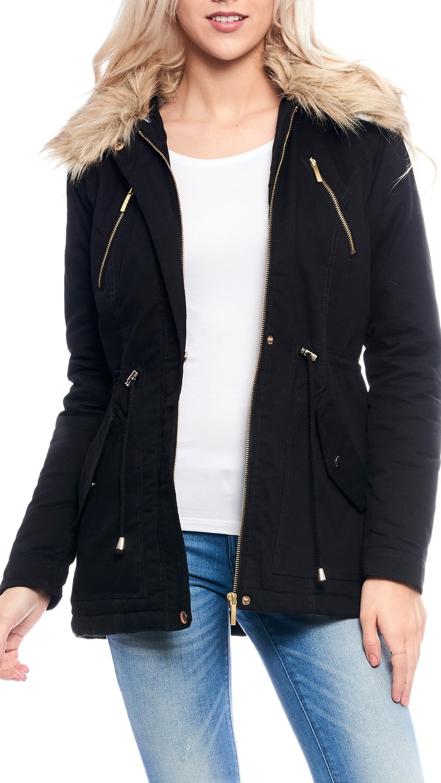 Lady's Double-Closure Parka Jacket w/ Detachable Fur Trim Collar ...