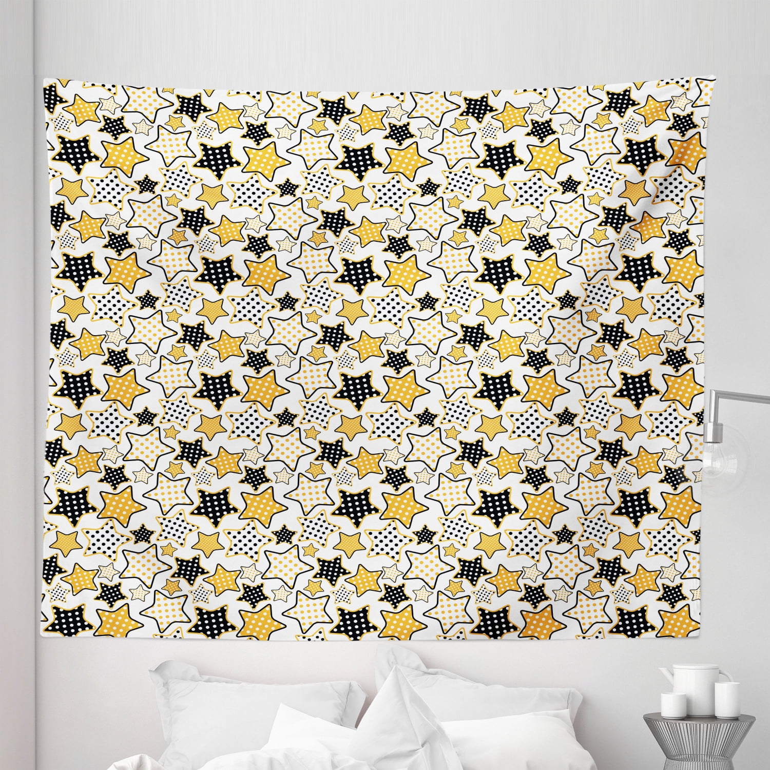 Yellow Tapestry, Yellow and Black Stars with Retro Style Polka Dots ...