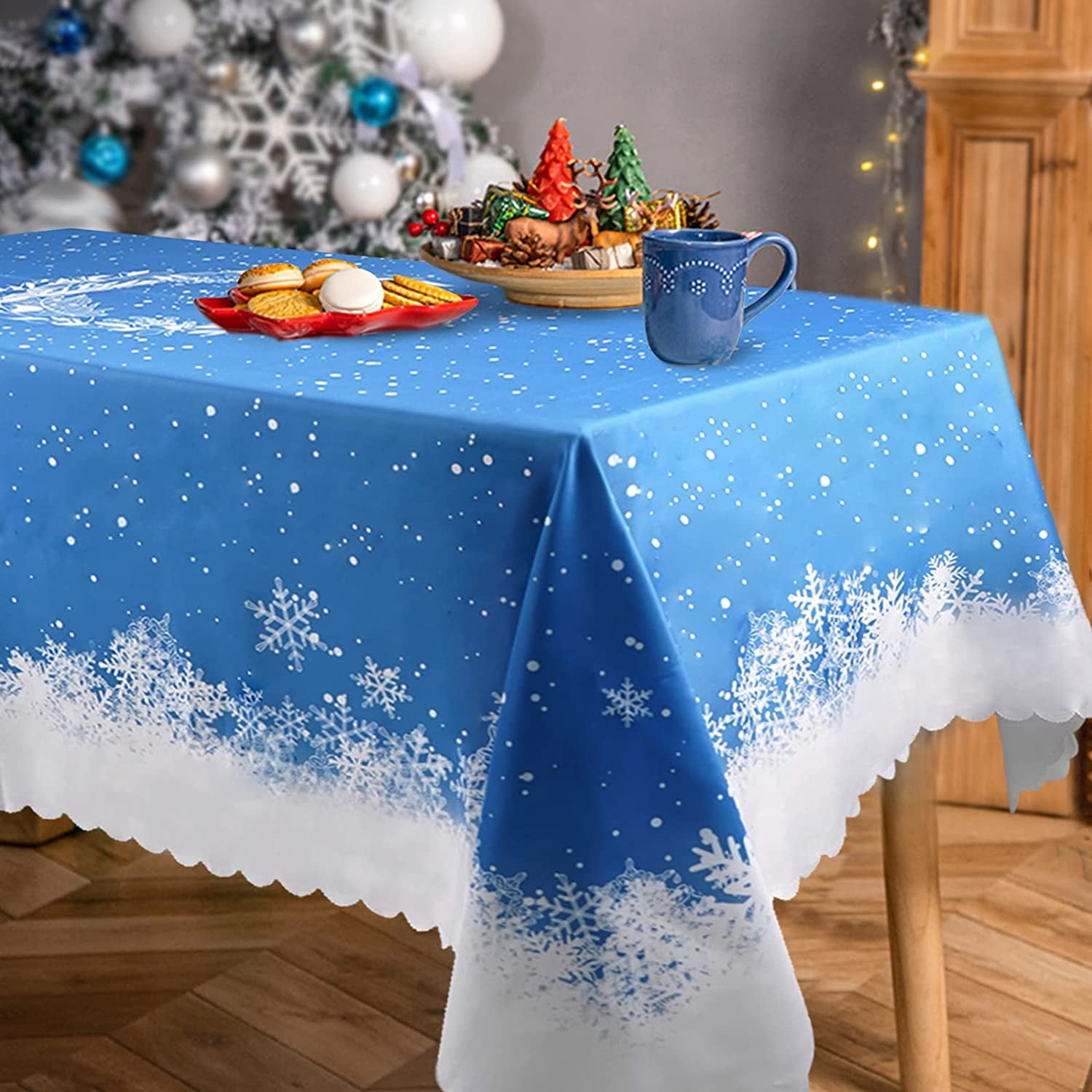 Classic Blue Winter Snowflake Christmas Tablecloth - Blue and White ...