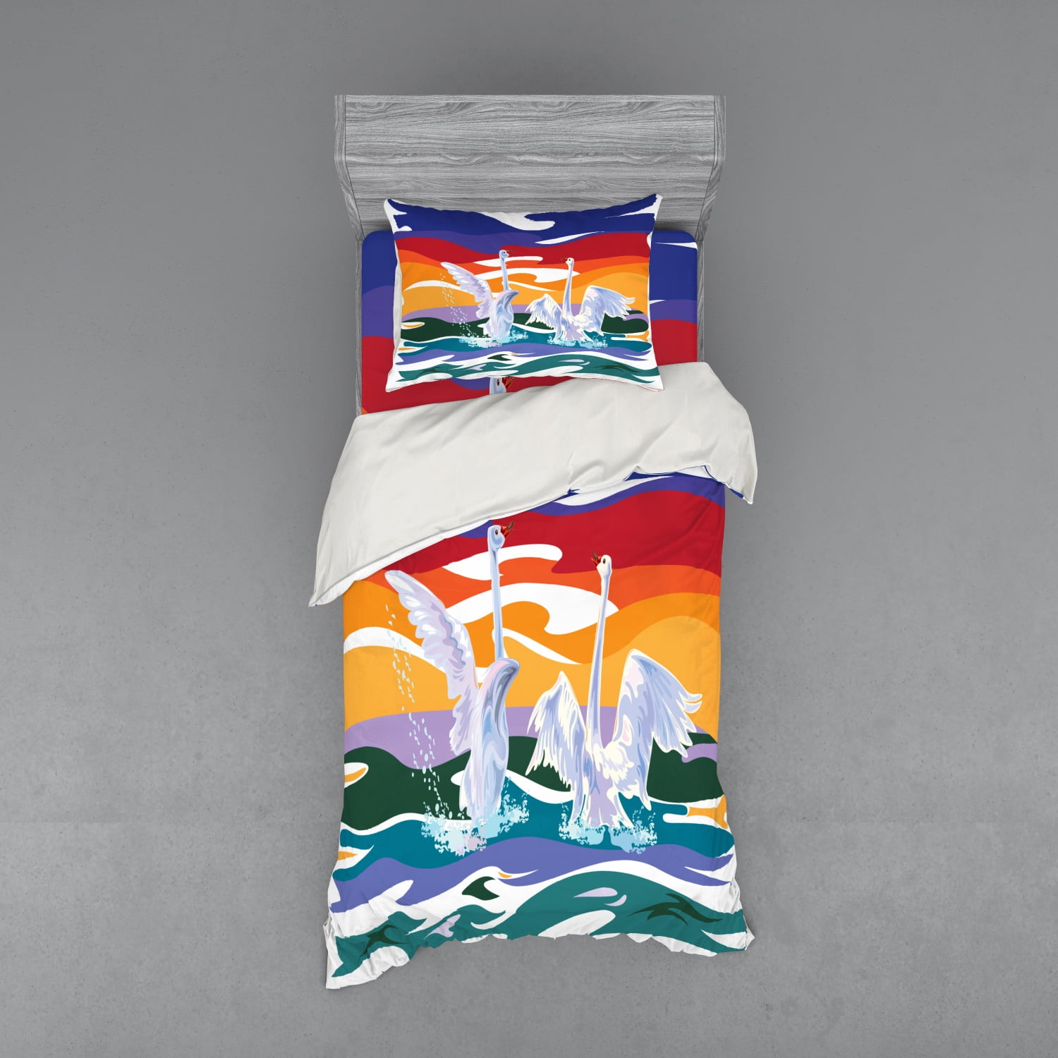 Swan Duvet Cover Set, Funky Style Image Swan Couple Swimming in Sea ...
