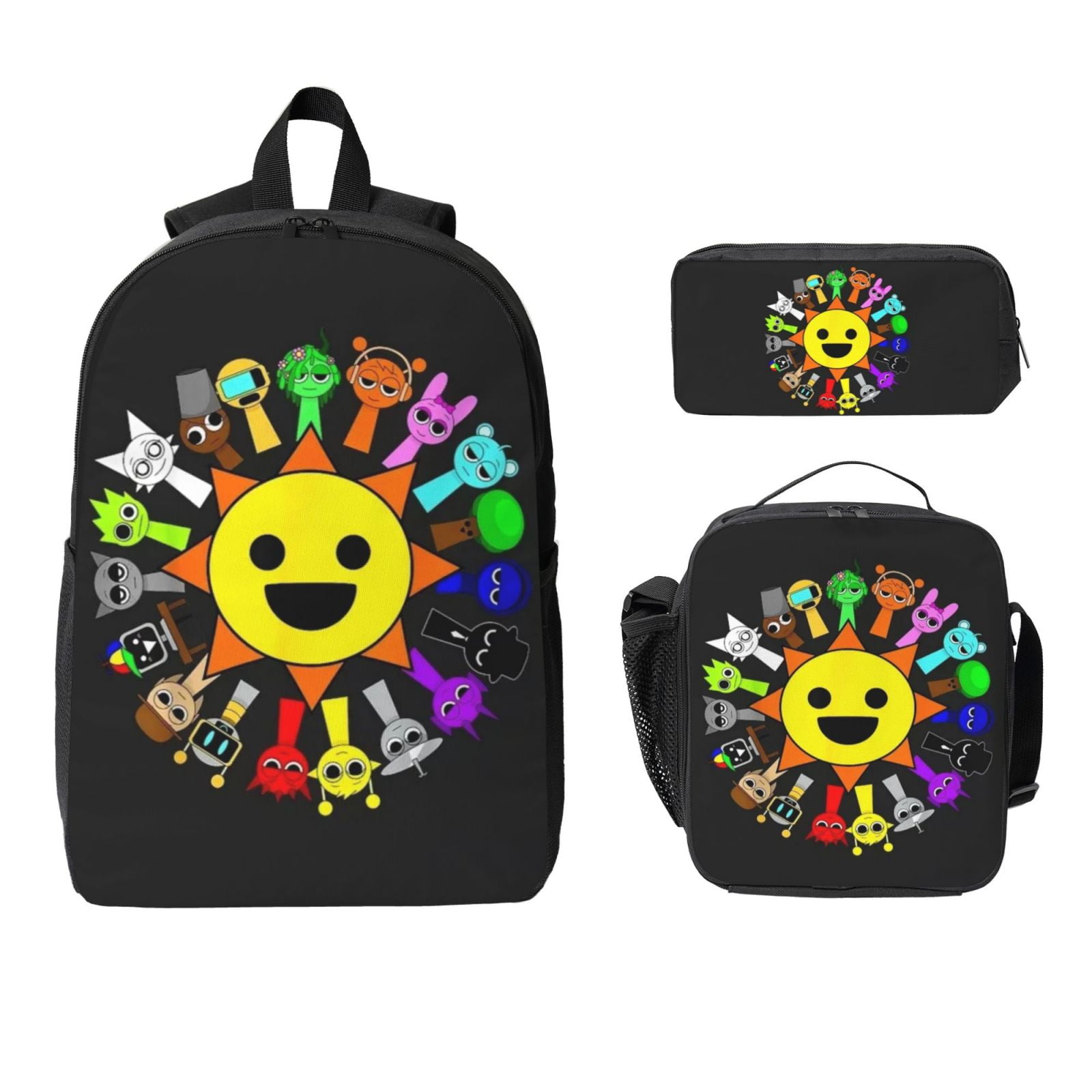 Ptkqgjis Sprunki 3-Piece Backpack Set - 17inch Casual Daypack Insulated Lunch Bag And Pencil Case