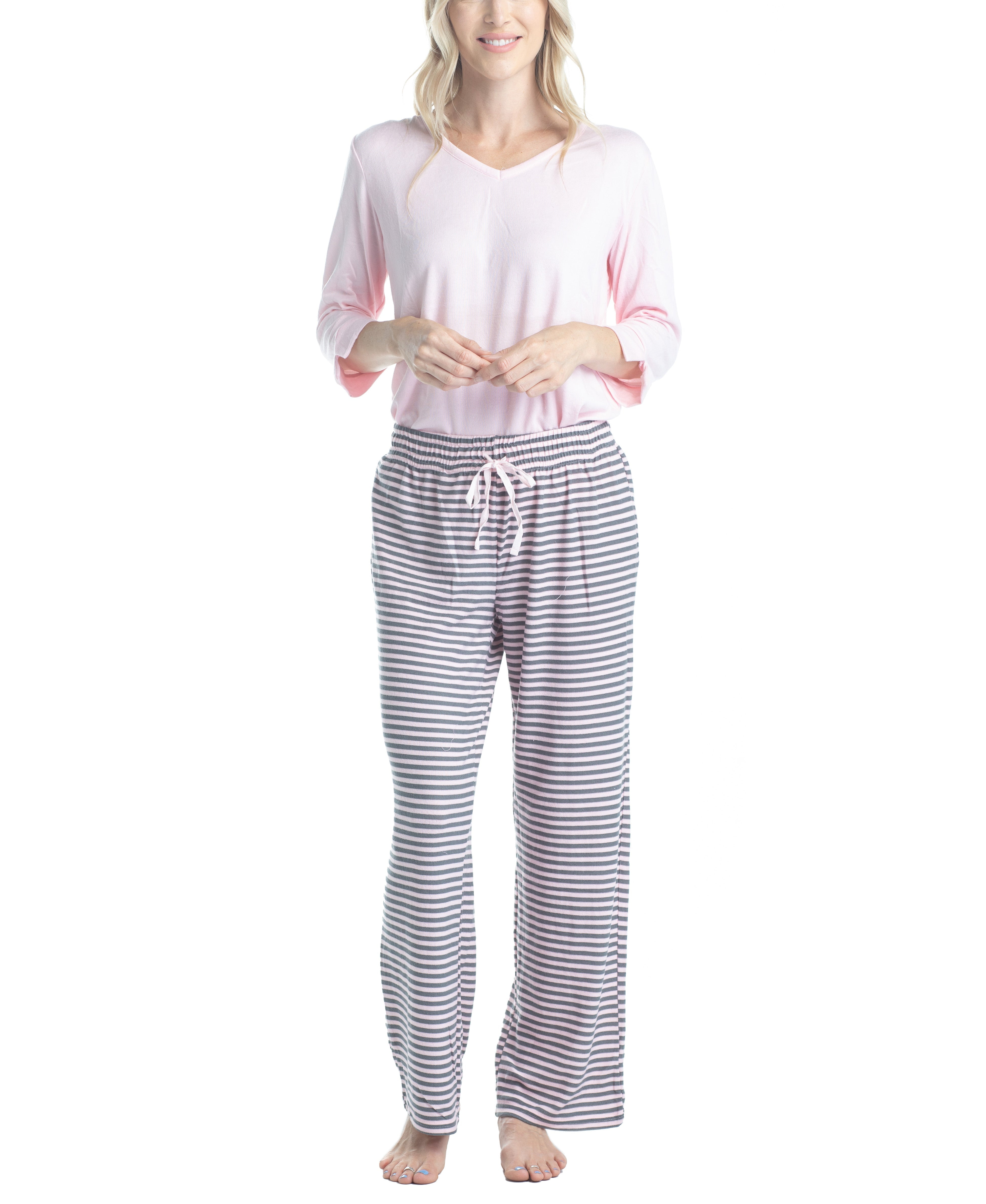 Hanes Women's Butter Knit 3/4 V-Neck Sleep Top and Pajama Pant Lounge ...