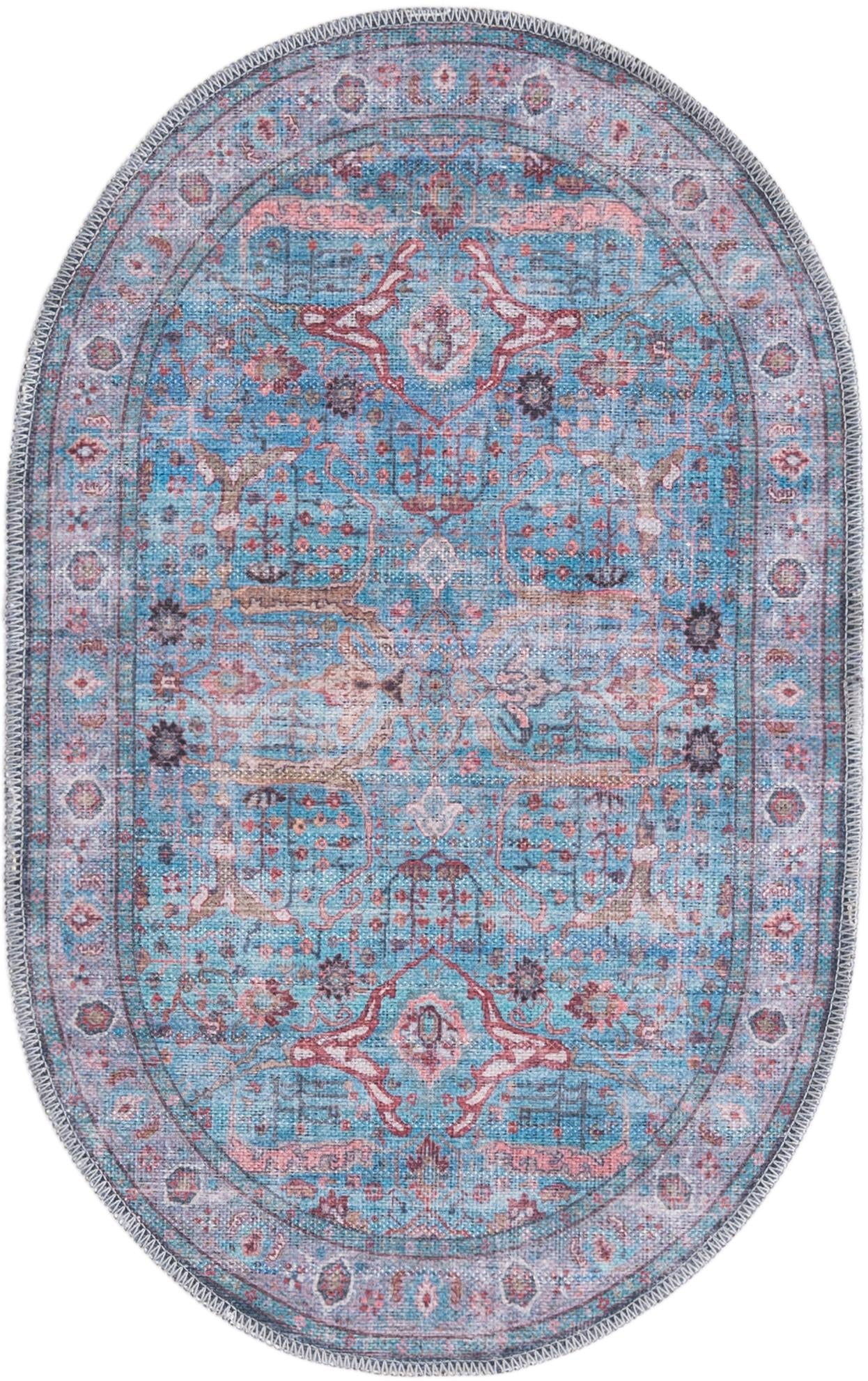 Rugs.com Maahru Collection Washable Rug – 2' x 3' Oval Blue Low-Pile ...