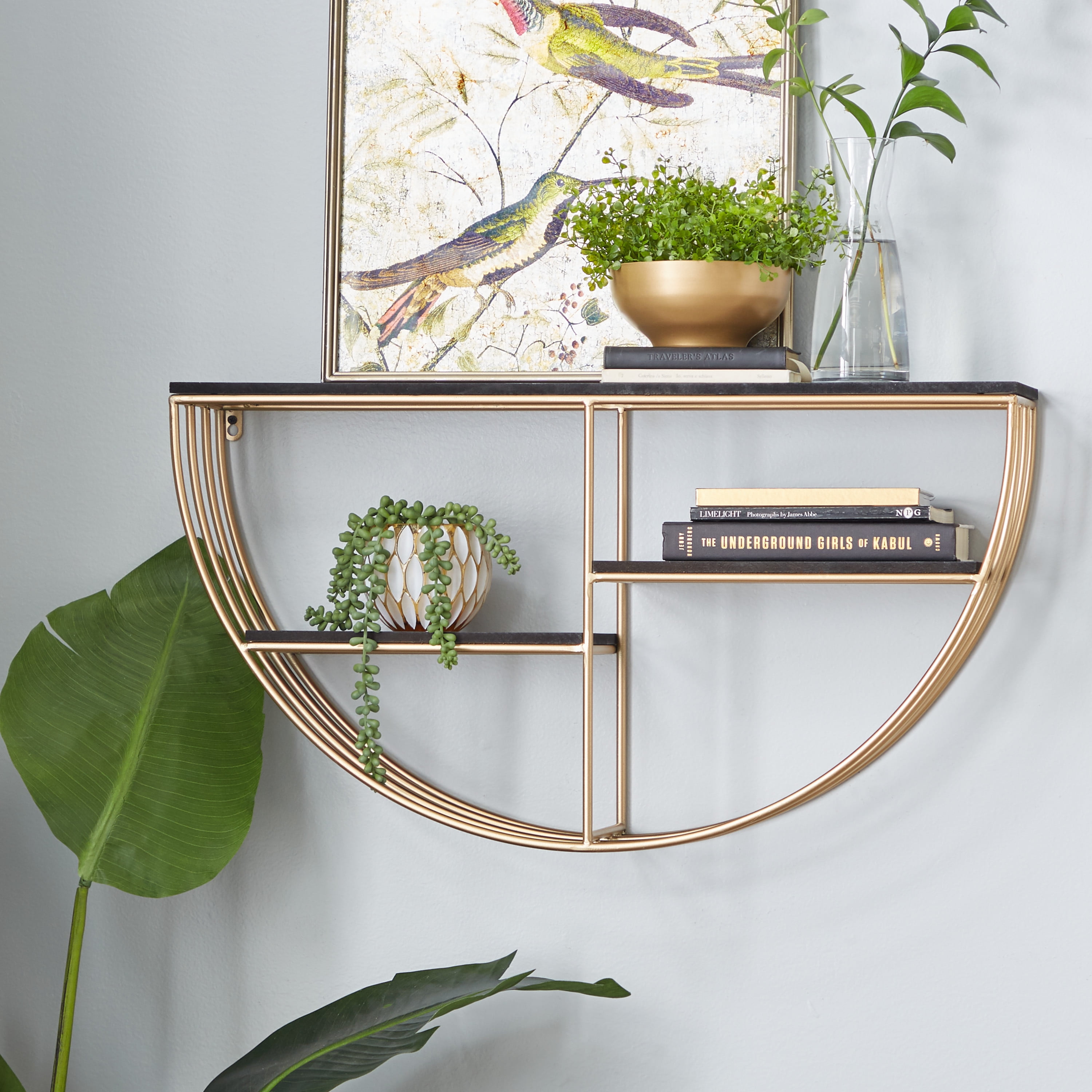 DecMode Contemporary Wood Half Moon Shape 3 Tier Wall Shelf with Gold ...