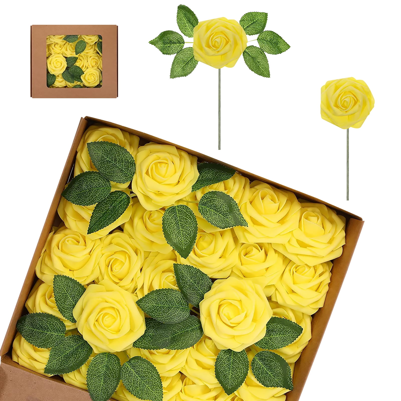 Fake Flowers with Leaves and Stems, 25 Pcs Yellow Artificial Rose ...