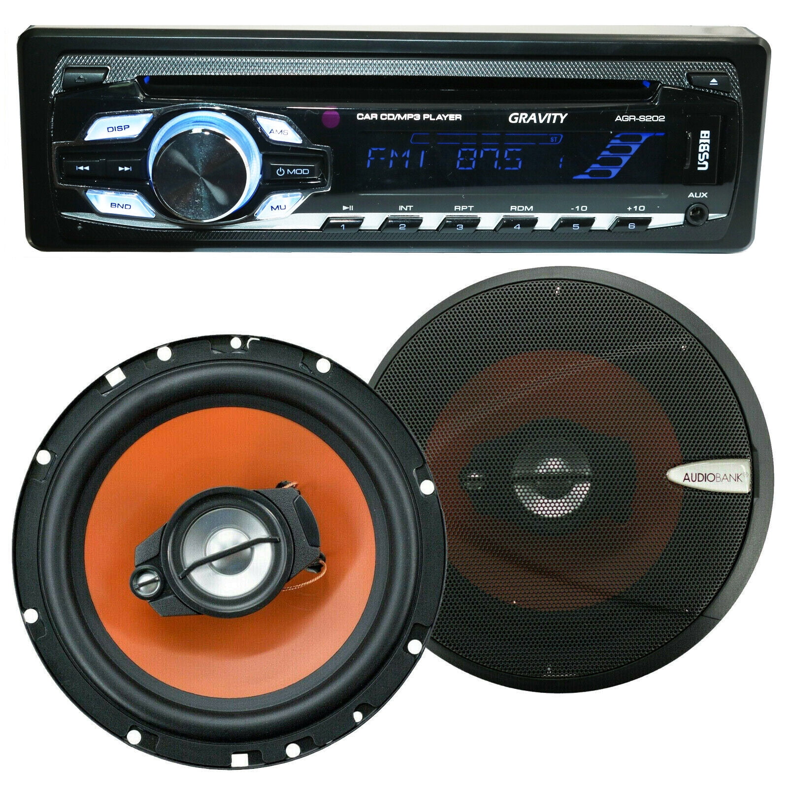 Gravity AGR-S202 Car Stereo Receiver + 2x Audiobank 6.5" 600 Watt 3-Way ...