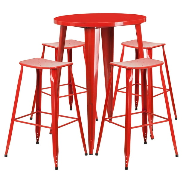 Flash Furniture 30'' Round Red Metal Indoor-Outdoor Bar Table Set with ...