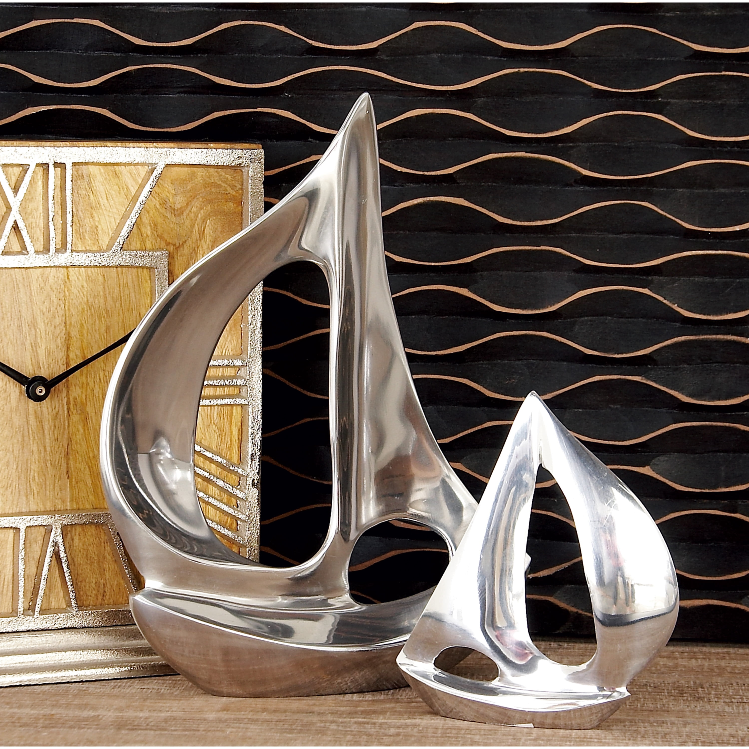 12", 8", 7"H Silver Aluminum Sail Boat Sculpture, by DecMode (3 Count ...
