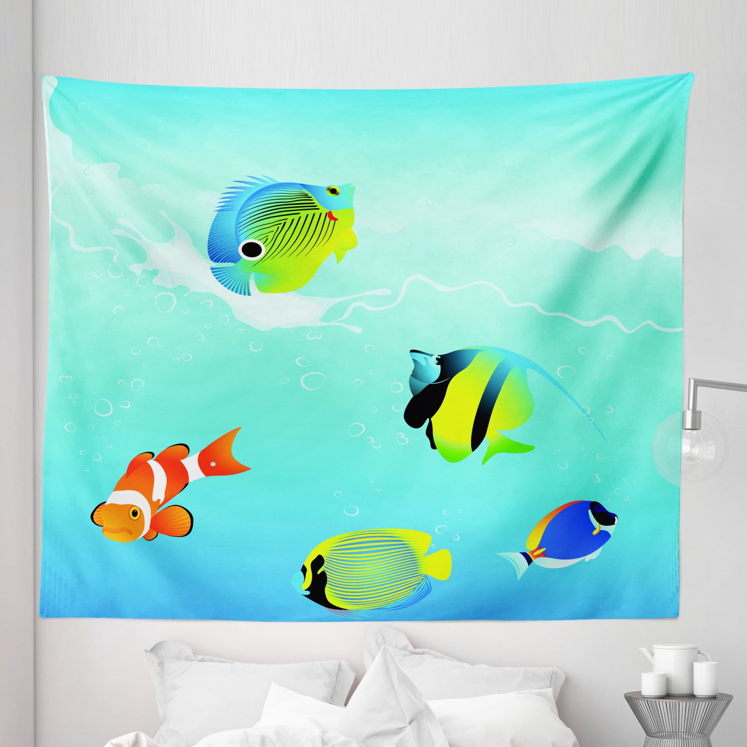Ocean Tapestry, Nautical Navy Deep Sealife Image with Exotic Tropical ...