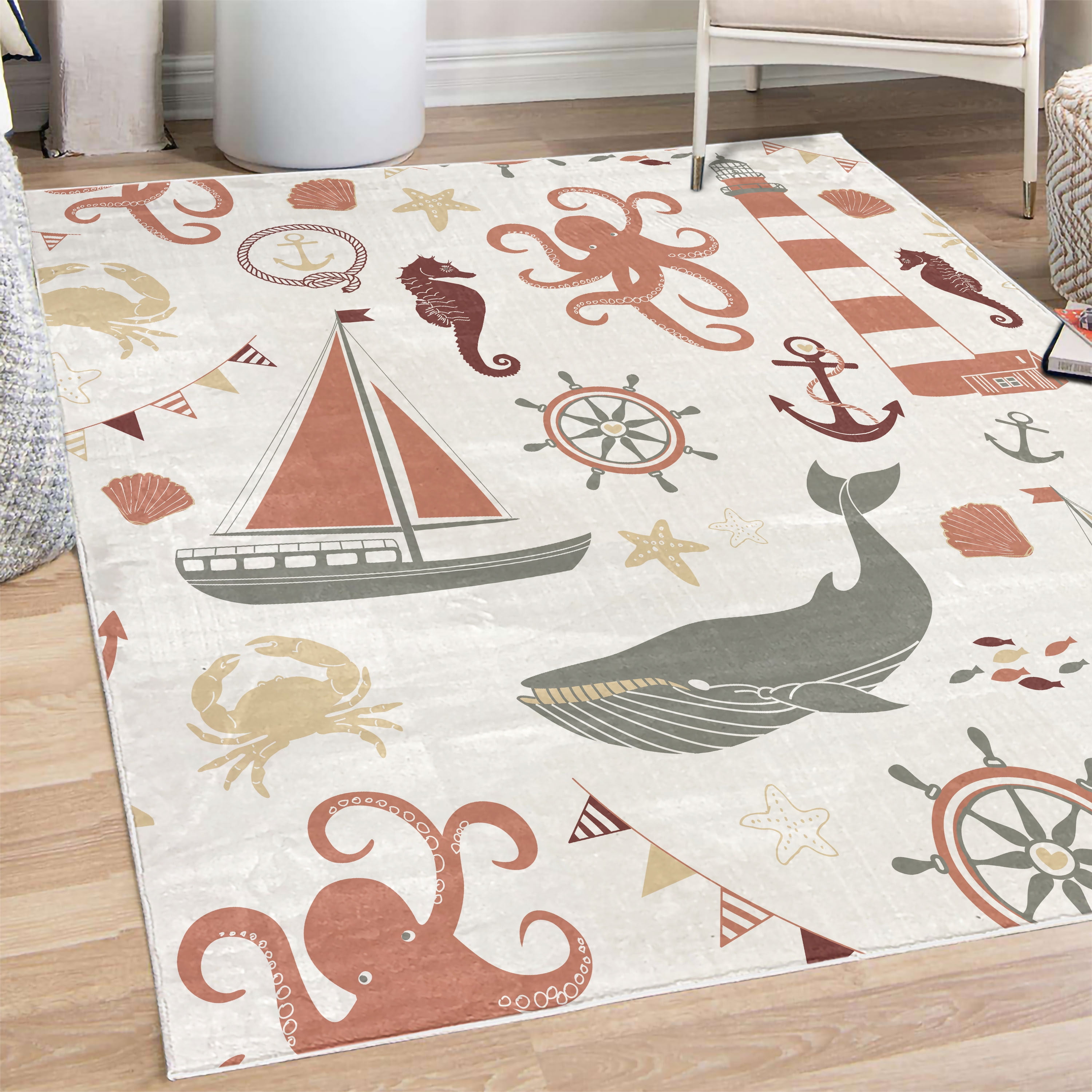 Nautical Decorative Rug, Pastel Colored Composition of Lighthouse ...