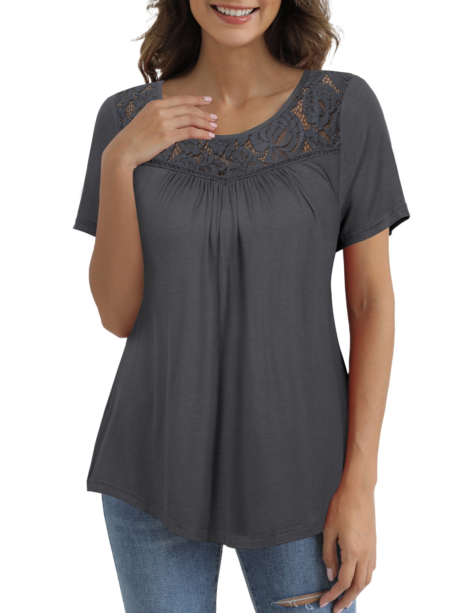 a.Jesdani Womens Tops Plus Size Short Sleeve Gray Shirts Lace Pleated ...