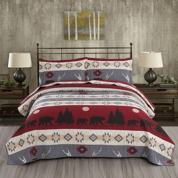 3-Piece Rustic Quilt Set King Size Lodge Cabin Bedding Set Red Black ...