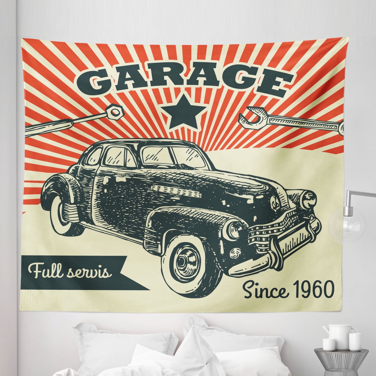 Vintage Tapestry, Retro Car and Garage Advertising Poster Style Picture ...