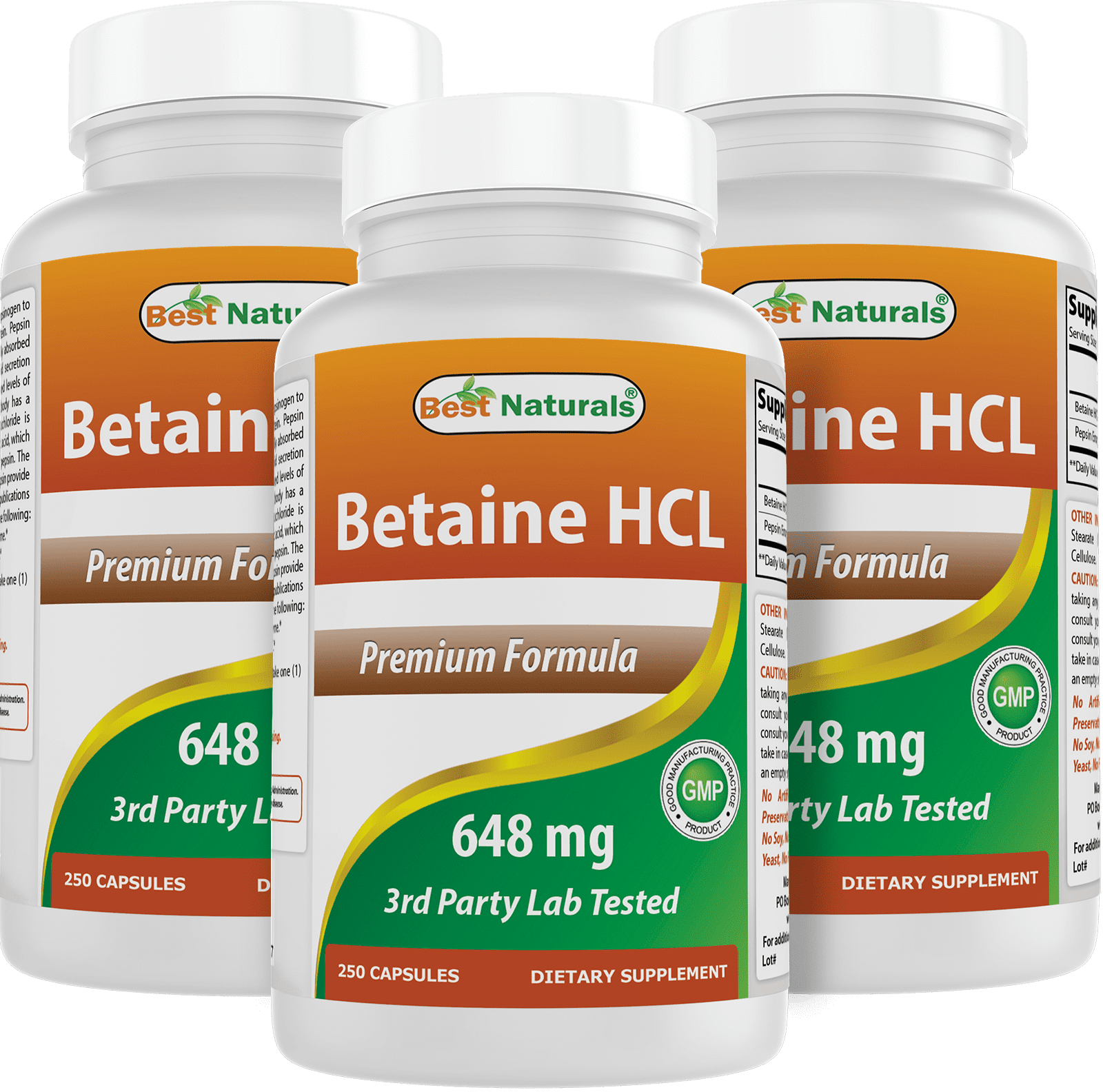 3 Pack Best Naturals Betaine HCL 648 mg 250 Capsules - Walmart.com