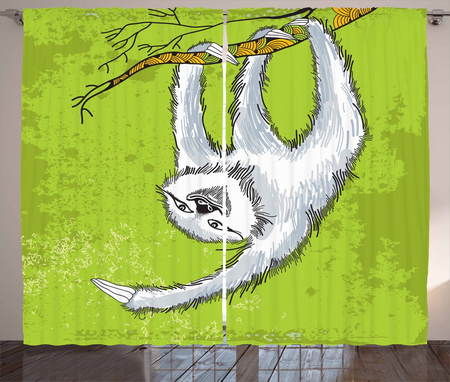 Sloth Curtains 2 Panels Set, Smiling Sloth Clutches Hanging on a Branch ...