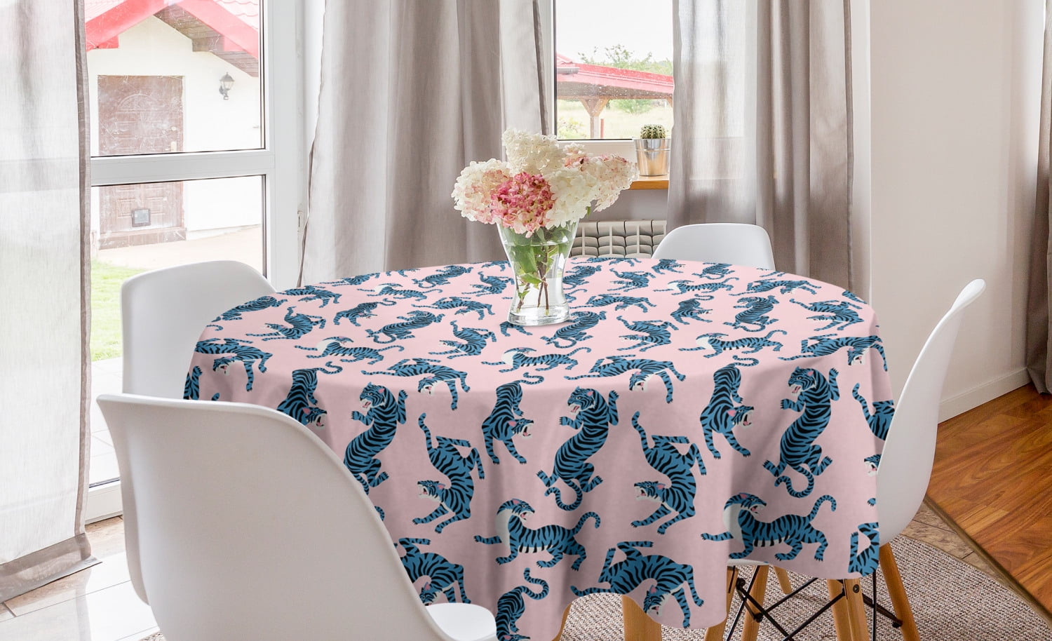 Asian Round Tablecloth, Art Print of Wildlife Tigers in Abstract Colors ...