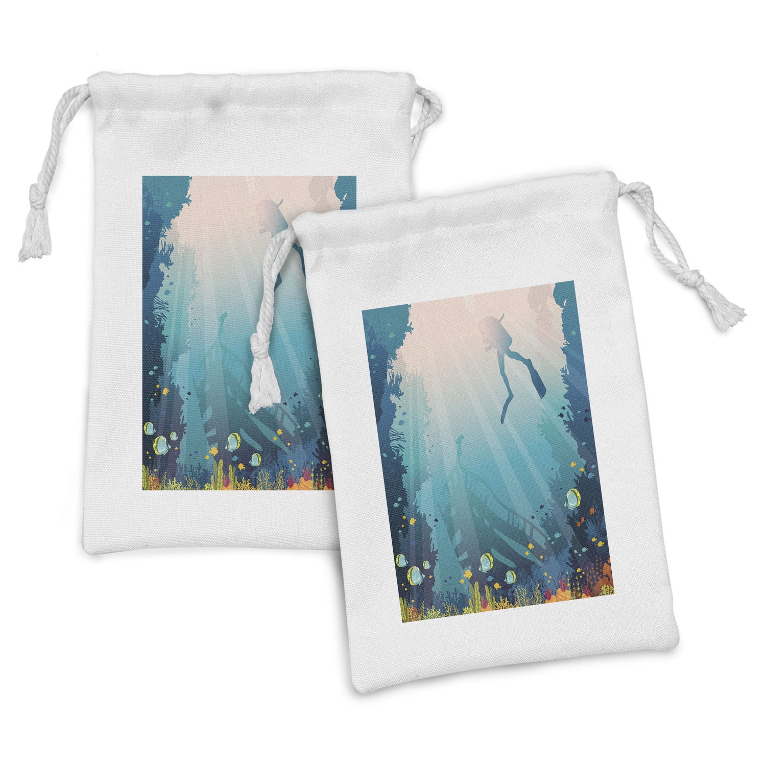 Sea Life Fabric Pouch Set of 2, Silhouette of a Scuba Diver Sunken Ship ...