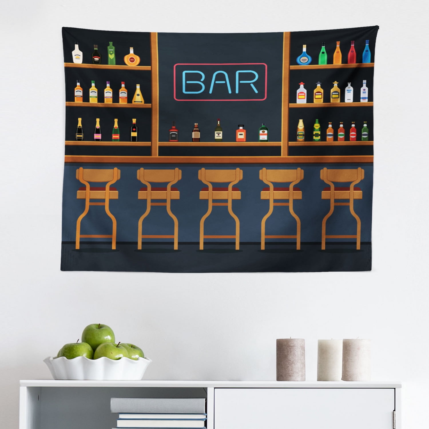 Bar Tapestry, Nightclub Pub Scene Tavern Venue with Alcohol Bottles ...