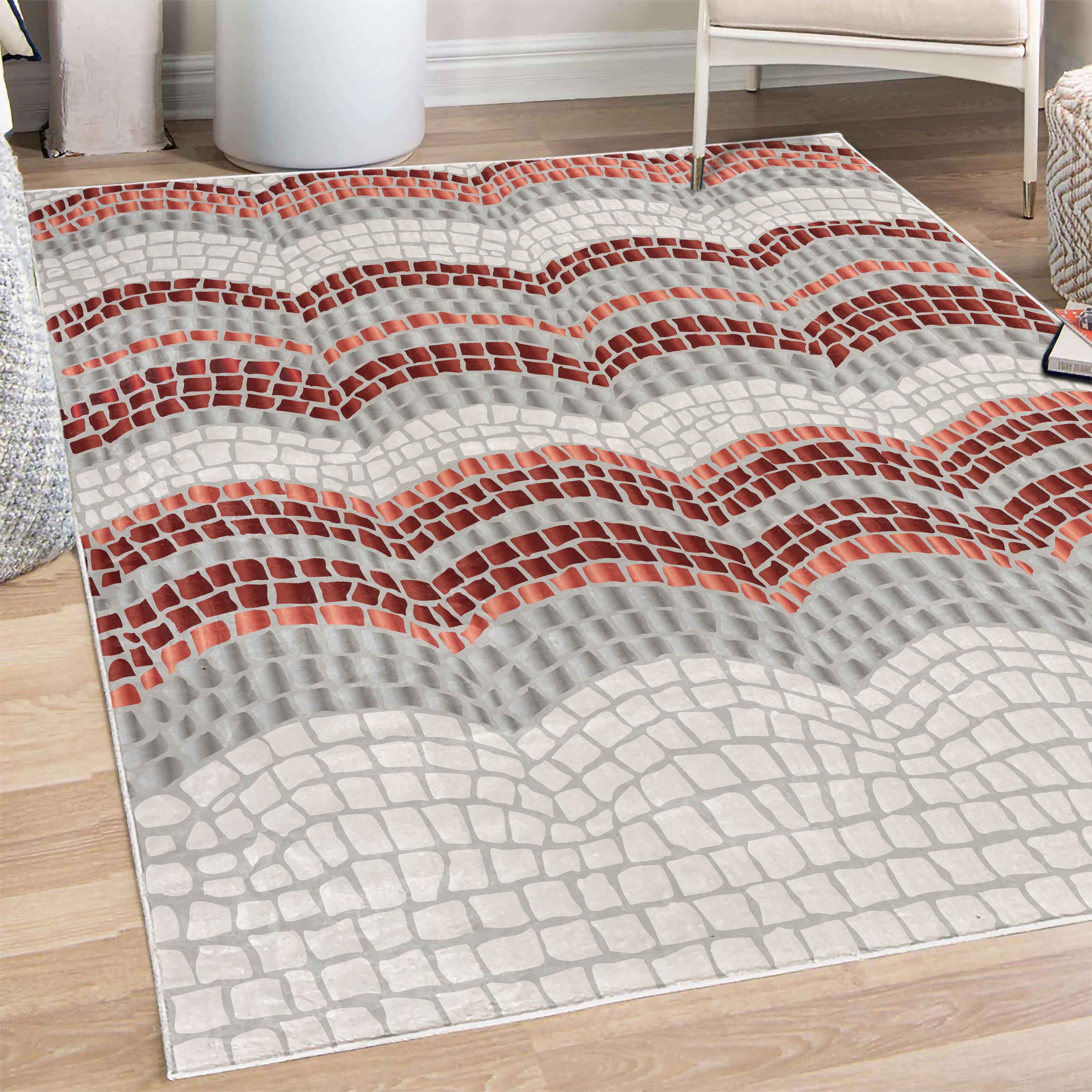 Tiles Decorative Rug, Gradient Colored Mosaic Waves Setting Antique ...