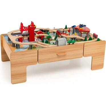 Costway Large Toddler Toy Play Activity Wooden Train Set & Double-Sided ...