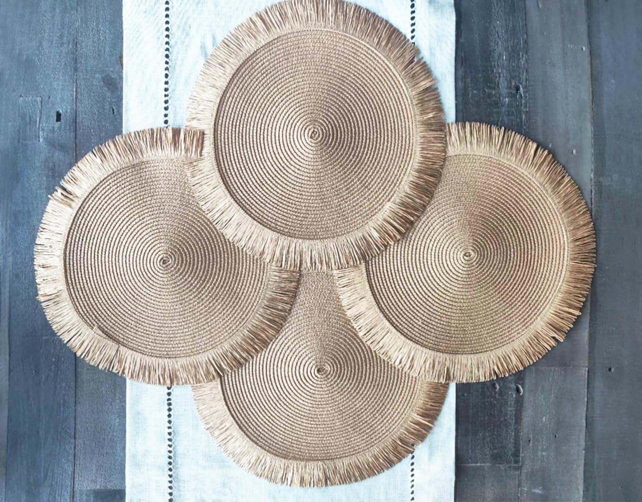 Fennco Styles Handwoven Fringe Boho Placemats 15" Round, Set of 4 ...